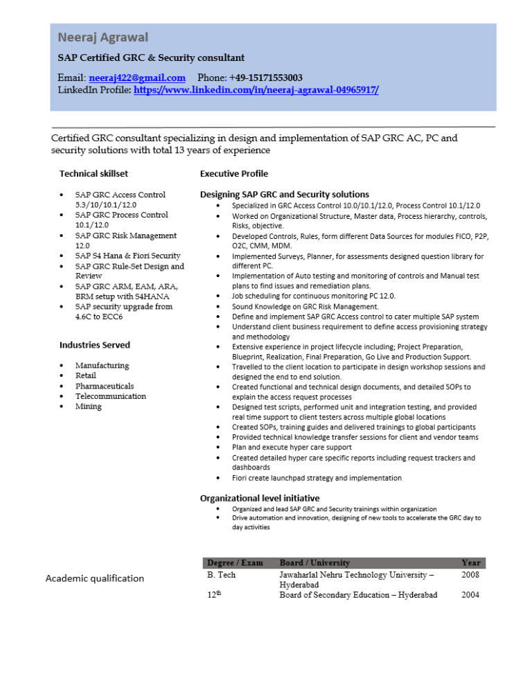 Word CV SAP Certified GRC - CV Resume download Share